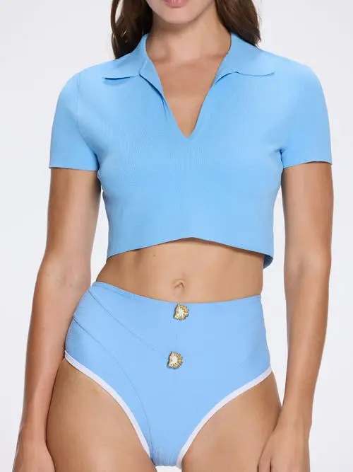 MOEVA Shandy Polo Collar Knitted Crop Top - Blue