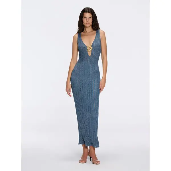 MOEVA Antibes Metallic Knit Deep V-neck Maxi Dress With Gold Detail - Blue