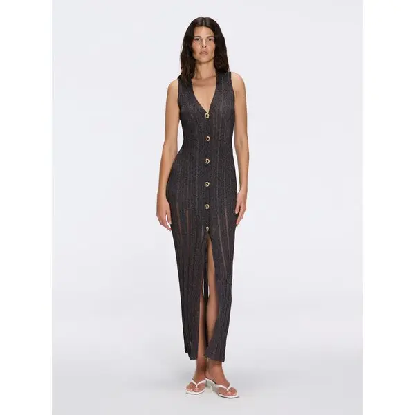 MOEVA Biot Metallic Knit V-neck Gold Button-down Dress - Black