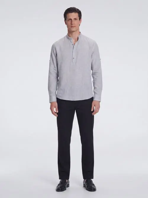 MOEVA Matteo Linen Half-placket Band Collar Shirt - Grey