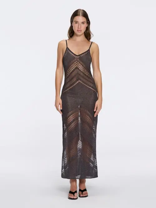 MOEVA Beaulieu Metallic Knit Maxi Dress With V-neckline And Side Slit - Black