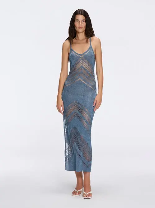 MOEVA Beaulieu Metallic Knit Maxi Dress With V-neckline And Side Slit - Blue