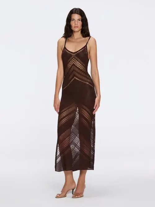 MOEVA Beaulieu Metallic Knit Maxi Dress With V-neckline And Side Slit - Brown