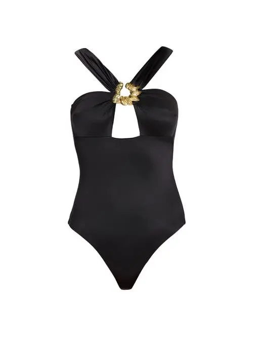 MOEVA Talia V Neck With Gold Detail Satin Swimsuit - Black