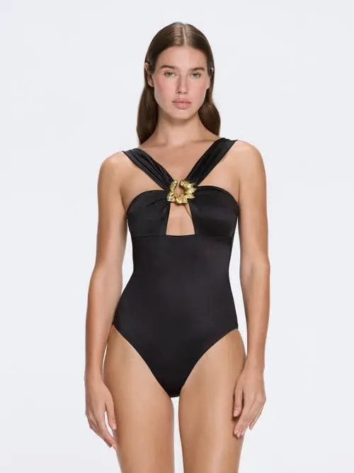 MOEVA Talia V Neck With Gold Detail Satin Swimsuit - Black