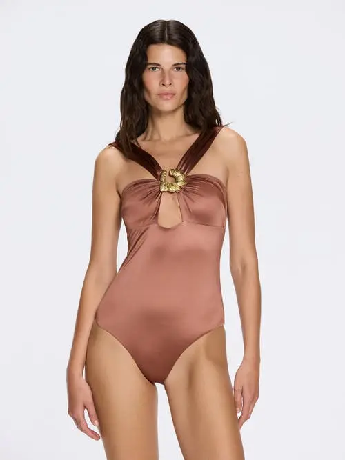 MOEVA Talia V Neck With Gold Detail Satin Swimsuit - Brown