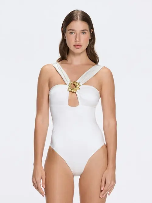 MOEVA Talia V Neck With Gold Detail Satin Swimsuit - White