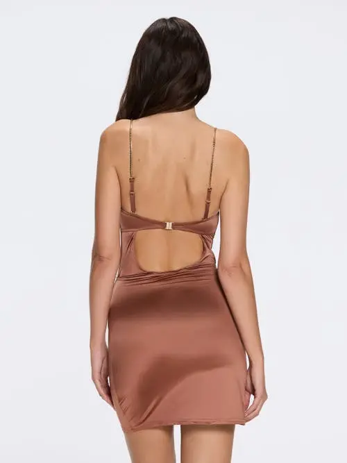 MOEVA Solea Satin Mini Dress With Gold Chain Strap Detail - Brown
