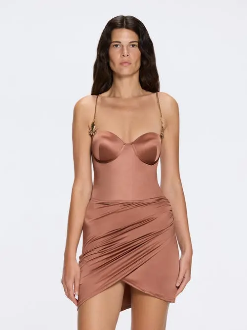MOEVA Solea Satin Mini Dress With Gold Chain Strap Detail - Brown