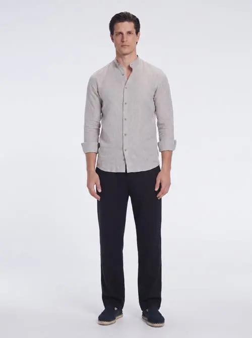 MOEVA Ryan Linen Shirt With Grandad Collar - Open Grey
