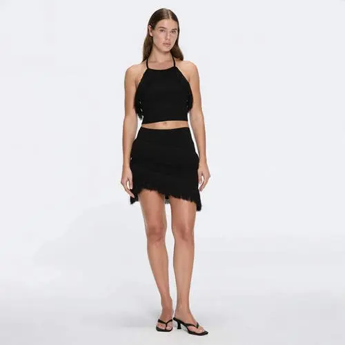 MOEVA Arlo Fringe Detail Asymmetric Mini Skirt - Black