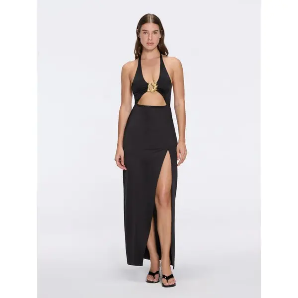 MOEVA Serres Satin Halter Maxi Dress With Cut-out And Gold Detail - Black
