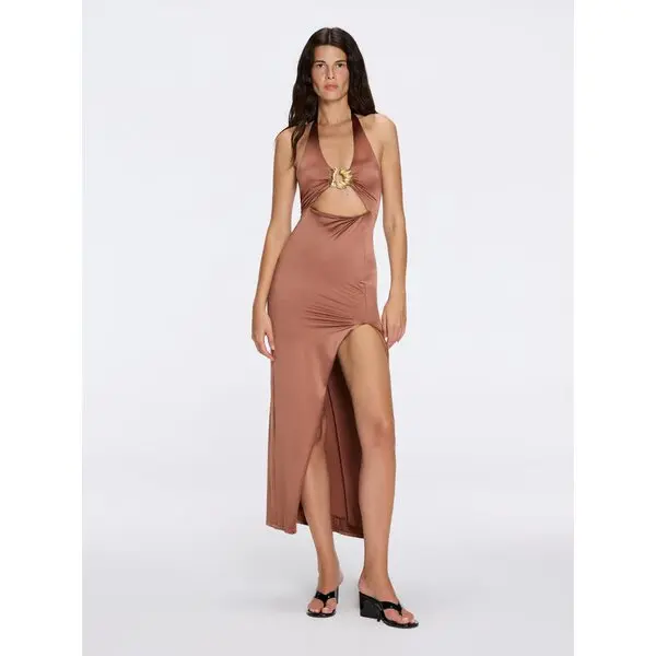 MOEVA Serres Satin Halter Maxi Dress With Cut-out And Gold Detail - Brown