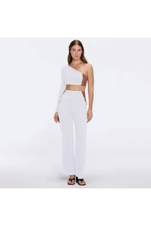 MOEVA Villamar Duo-tone Gold Button One-shoulder Crop Top - White