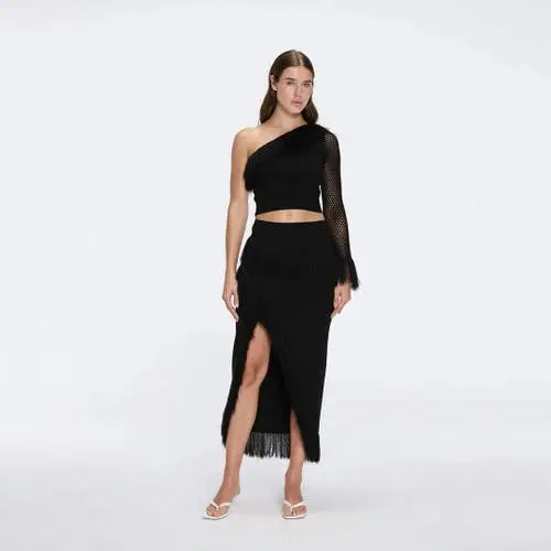 MOEVA Alani Fringe Detail Asymmetric Slit Midi Skirt - Black