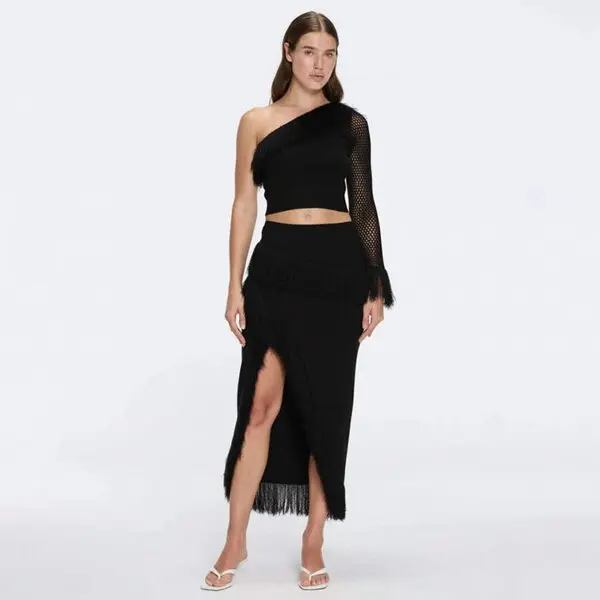 MOEVA Alani Fringe Detail Asymmetric Slit Midi Skirt - Black
