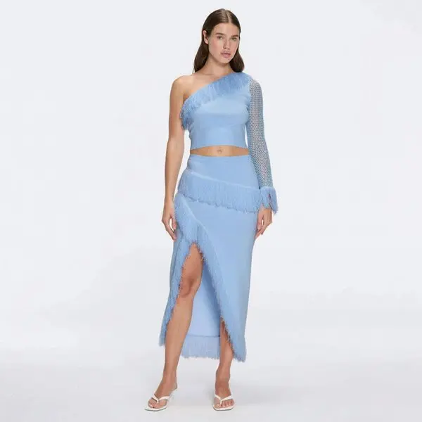 MOEVA Alani Fringe Detail Asymmetric Slit Midi Skirt - Blue