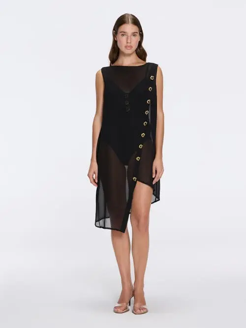 MOEVA Solianne Sheer Sleeveless Asymmetric Dress With Gold Button Detail - Black