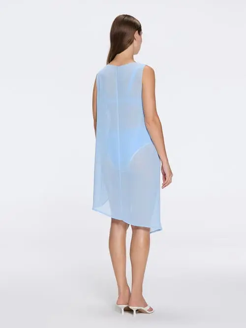MOEVA Solianne Sheer Sleeveless Asymmetric Dress With Gold Button Detail - Blue