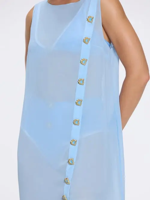MOEVA Solianne Sheer Sleeveless Asymmetric Dress With Gold Button Detail - Blue