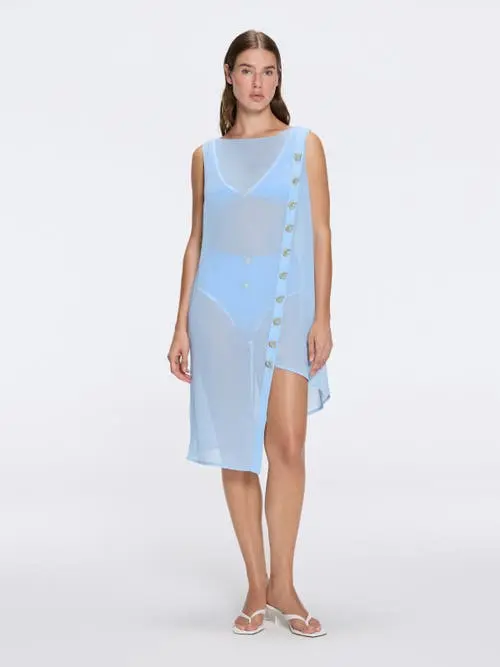 MOEVA Solianne Sheer Sleeveless Asymmetric Dress With Gold Button Detail - Blue