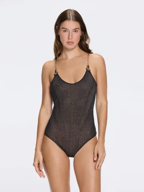 MOEVA Tropezia Scoop Neck Knitted Gold Chain Straps Swimsuit - Black