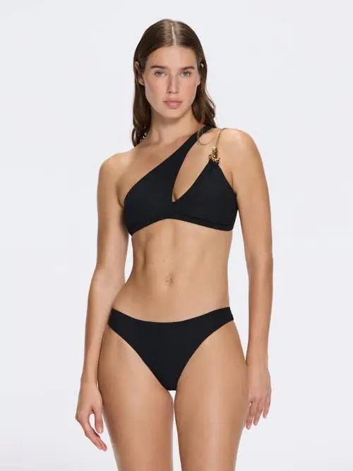 MOEVA Grasse Gold Chain One-shoulder Textured Bikini Top - Black