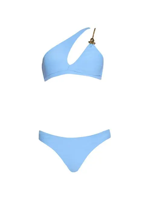 MOEVA Grasse Gold Chain One-shoulder Textured Bikini Top - Blue