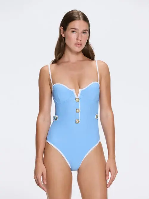 MOEVA Lourmarin Underwired Gold Button Detail Swimsuit - Blue