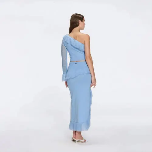 MOEVA Monroe One-shoulder Knit Top With Fringe & Mesh Sleeve