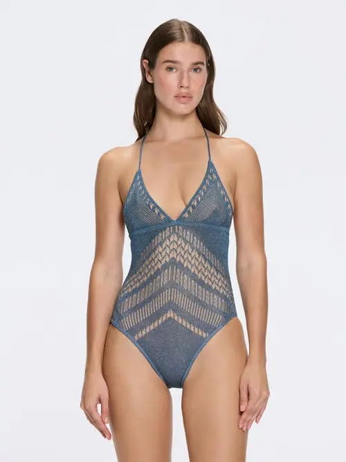 MOEVA Villone V Neck Knitted One Piece Swimsuit - Blue