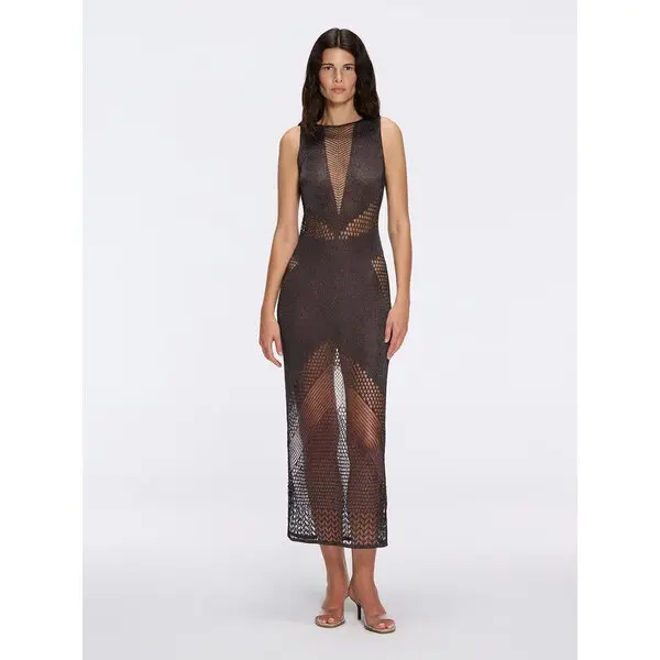 MOEVA Nerida Mesh Knit Ankle-length Dress With Fringe Details - Black
