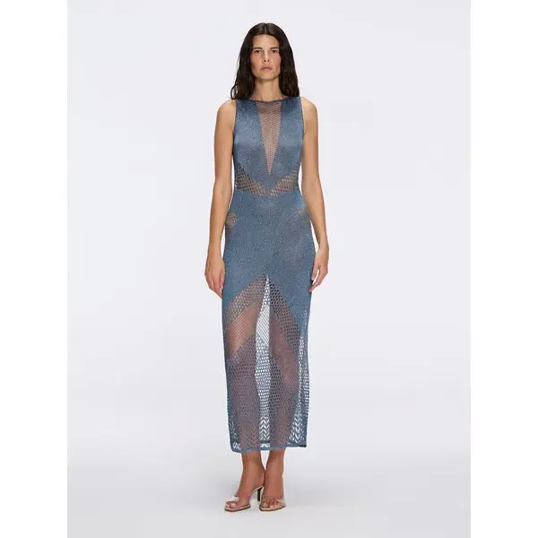 MOEVA Nerida Mesh Knit Ankle-length Dress With Fringe Details - Blue