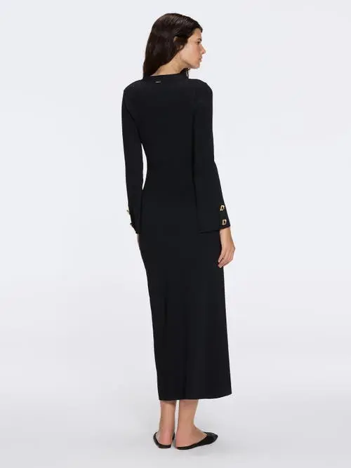 MOEVA Brezia Knitted Maxi Dress With Long Sleeves And Gold Button Details - Black