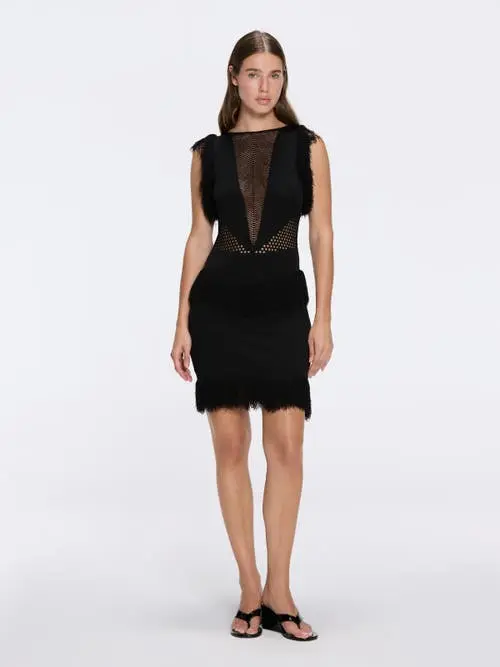 MOEVA Diani Fringe Detail Sheer Panel Open Back Mini Dress - Black