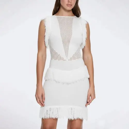 MOEVA Diani Fringe Detail Sheer Panel Open Back Mini Dress - White