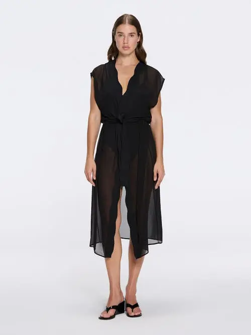 MOEVA Dela Sleeveless Wavy-trim Belted Sheer Kaftan - Black