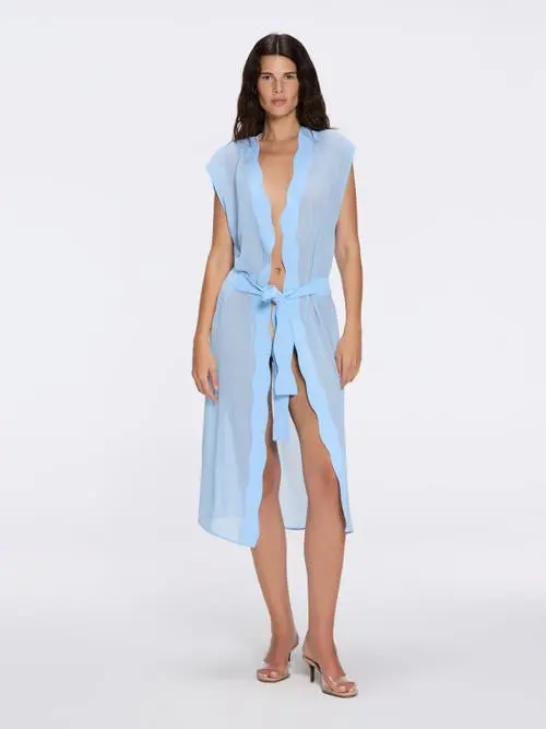 MOEVA Dela Sleeveless Wavy-trim Belted Sheer Kaftan - Blue