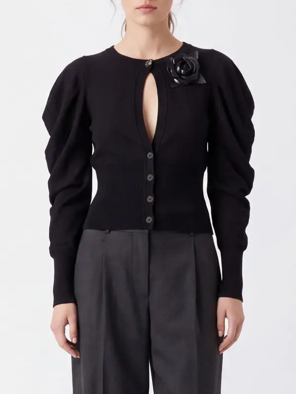Blumarine Slim Fit Wool Cardigan With Flower Appliqué And Ruched Shoulders - Black