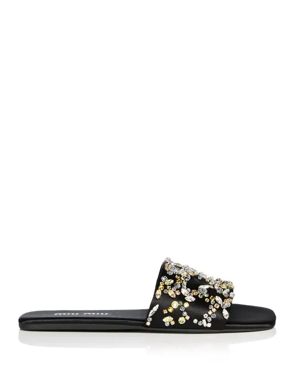 Miu Miu Embellished Silk Slide Sandals - Nero