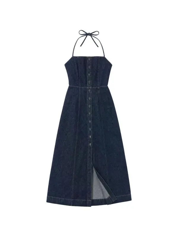 REFORMATION Manon Halterneck Denim Midi Dress - Blue