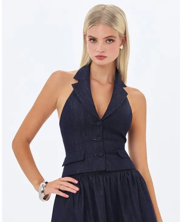 MISS CIRCLE NEW YORK Mavis Denim Halter Single-breasted Lapel Top