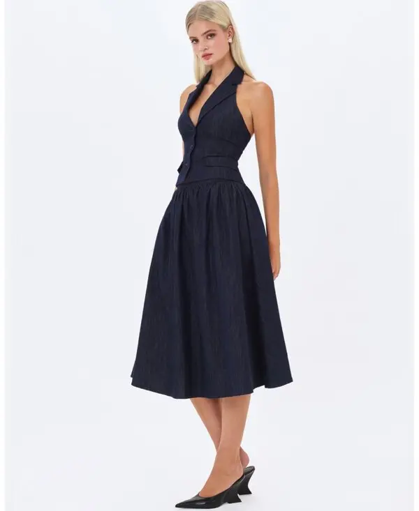 MISS CIRCLE NEW YORK Mavis Denim Halter Single-breasted Lapel Top