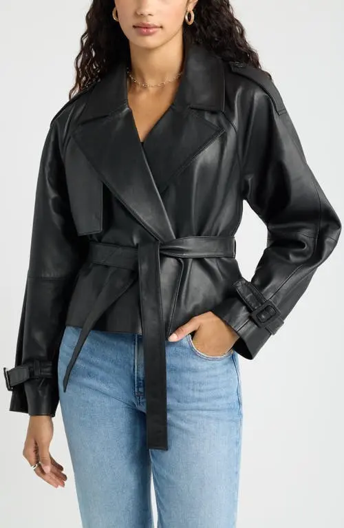 OPEN EDIT Cropped Leather Trench Jacket - Black