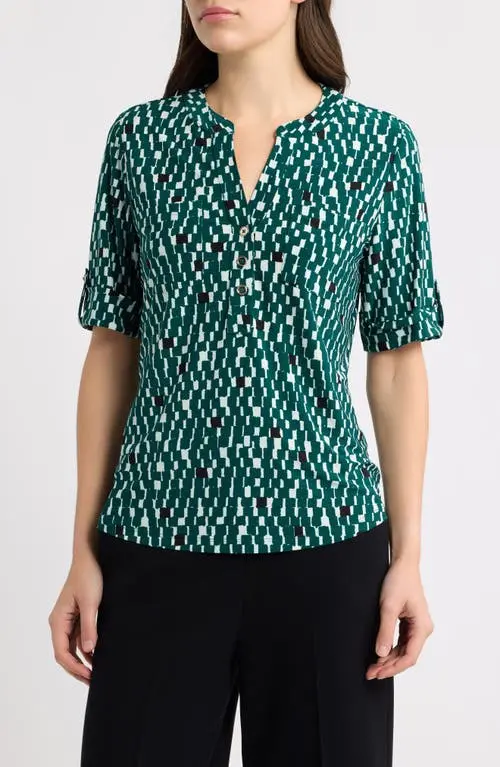 Anne Klein Print Knit Top With Elbow Sleeves - Pine Forest Multi