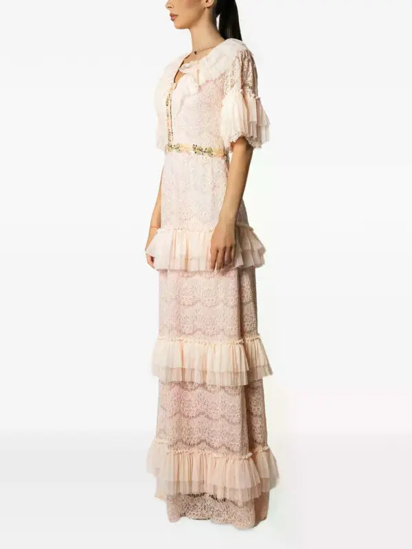 MIAU BY CLARA ROTESCU Ruffled Lace-overlay Maxi Dress