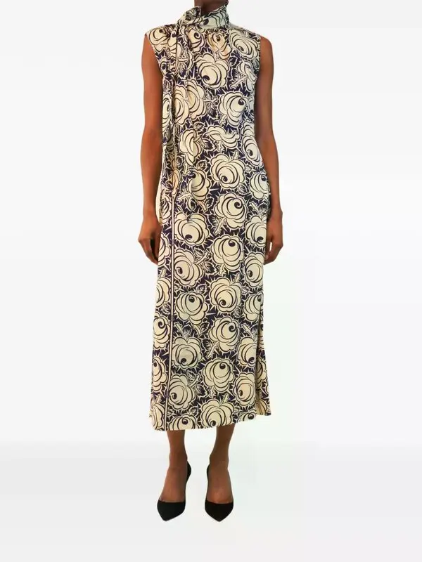 Prada Floral Tie-neck Midi Dress - Neutrals
