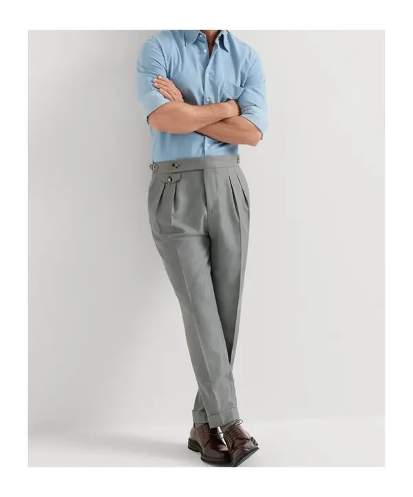 Brunello Cucinelli Virgin Wool And Silk Lightweight Hopsack Trousers With Double Pleats And Waist Tabs