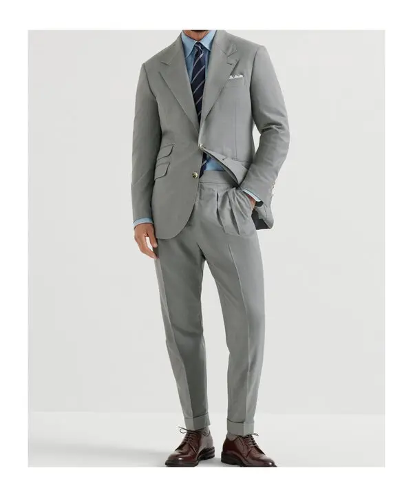 Brunello Cucinelli Virgin Wool And Silk Lightweight Hopsack Trousers With Double Pleats And Waist Tabs