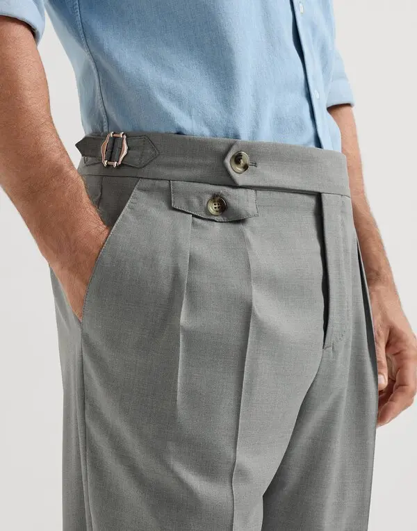 Brunello Cucinelli Virgin Wool And Silk Lightweight Hopsack Trousers With Double Pleats And Waist Tabs